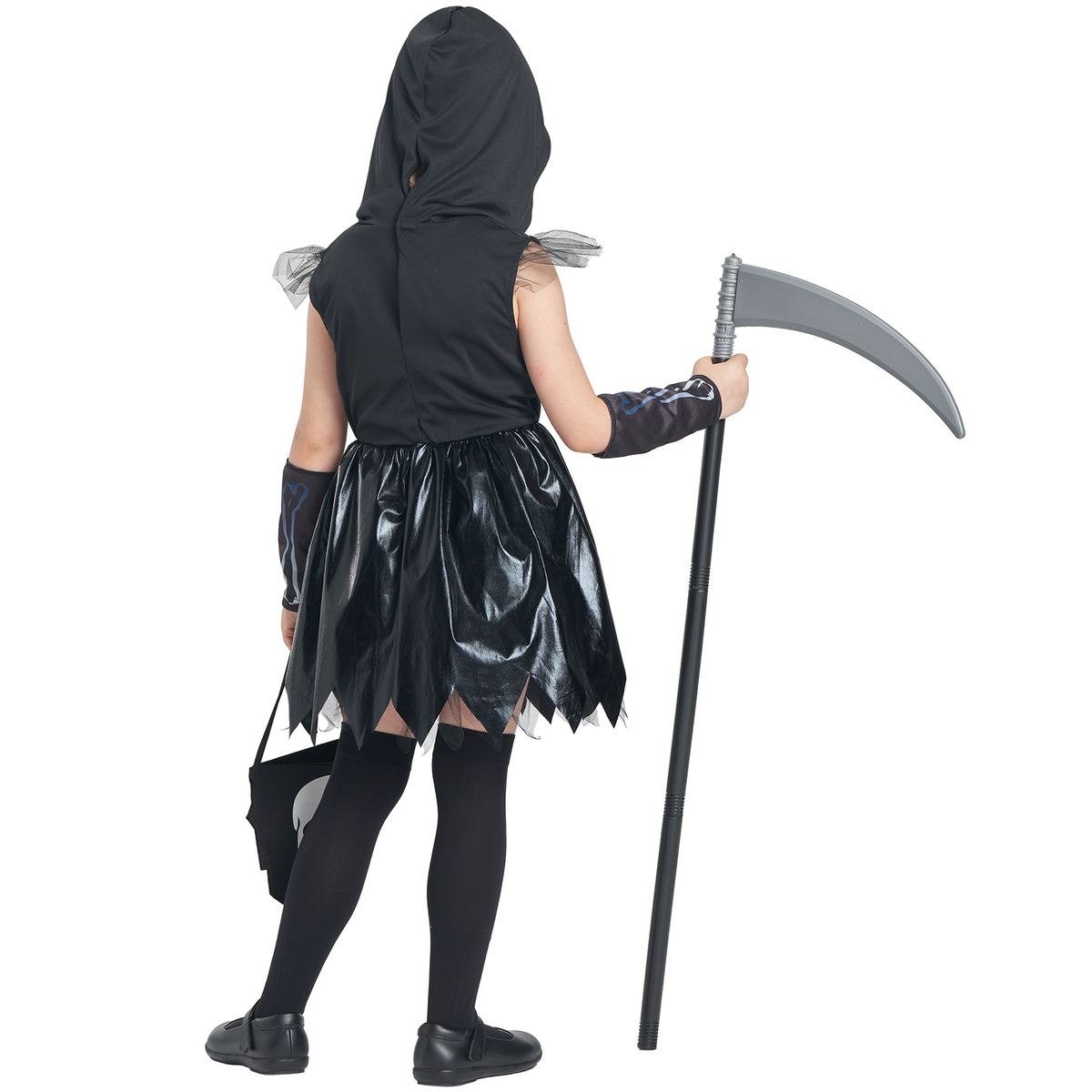 Girls Grim Reaper Hooded Dress 7 Pcs Skeleton Costume Scythe Bag Skull ...