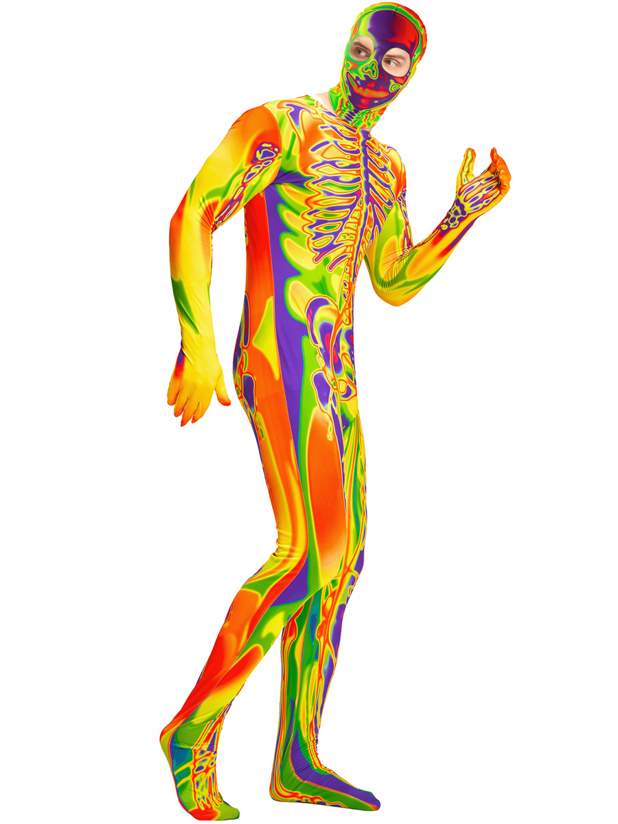 Men Skeleton Blood Vessels Bodysuit Hooded Mask 2 Pcs Set Halloween ...